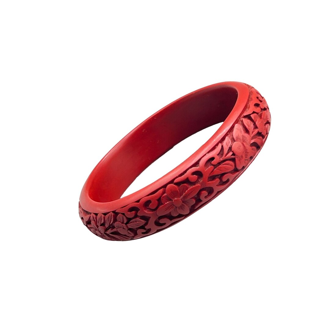 Vintage Cinnabar Hand Carved Flowers Floral Bangle Bracelet Red ...