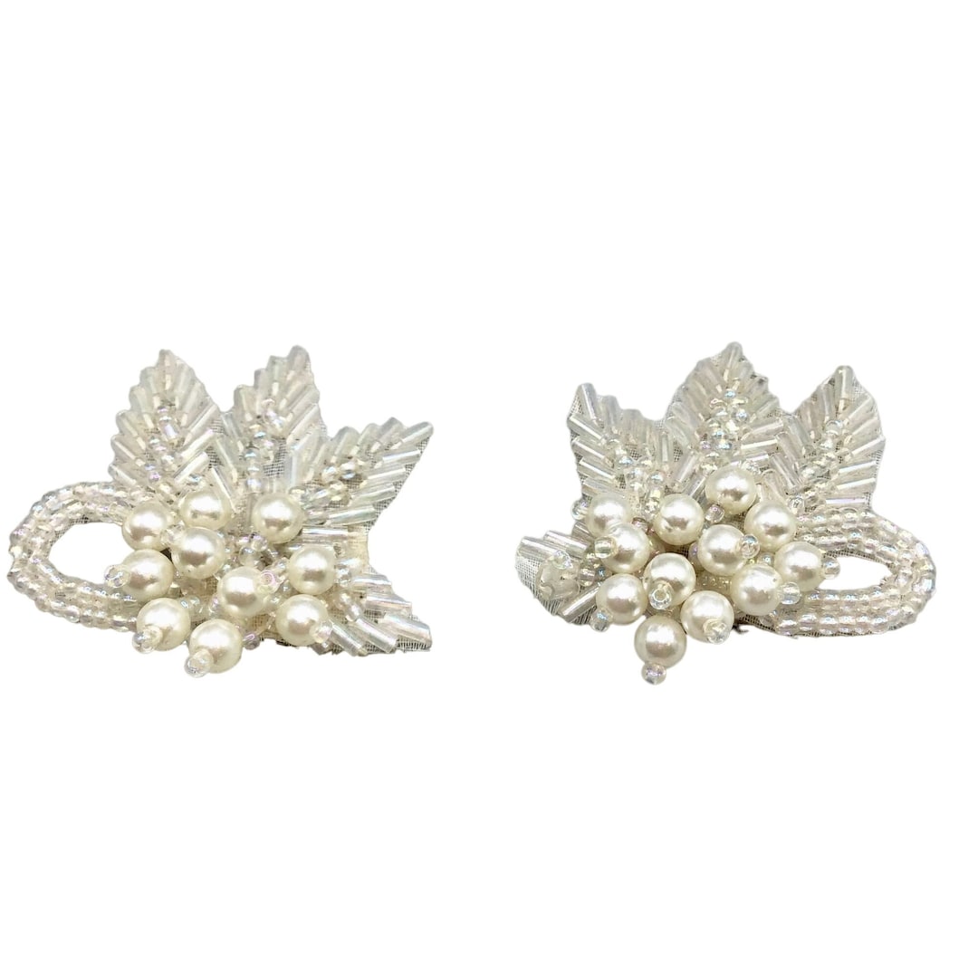 Vintage Beaded Shoe Clips off White Lace & Sequins Faux Pearls Elegant ...