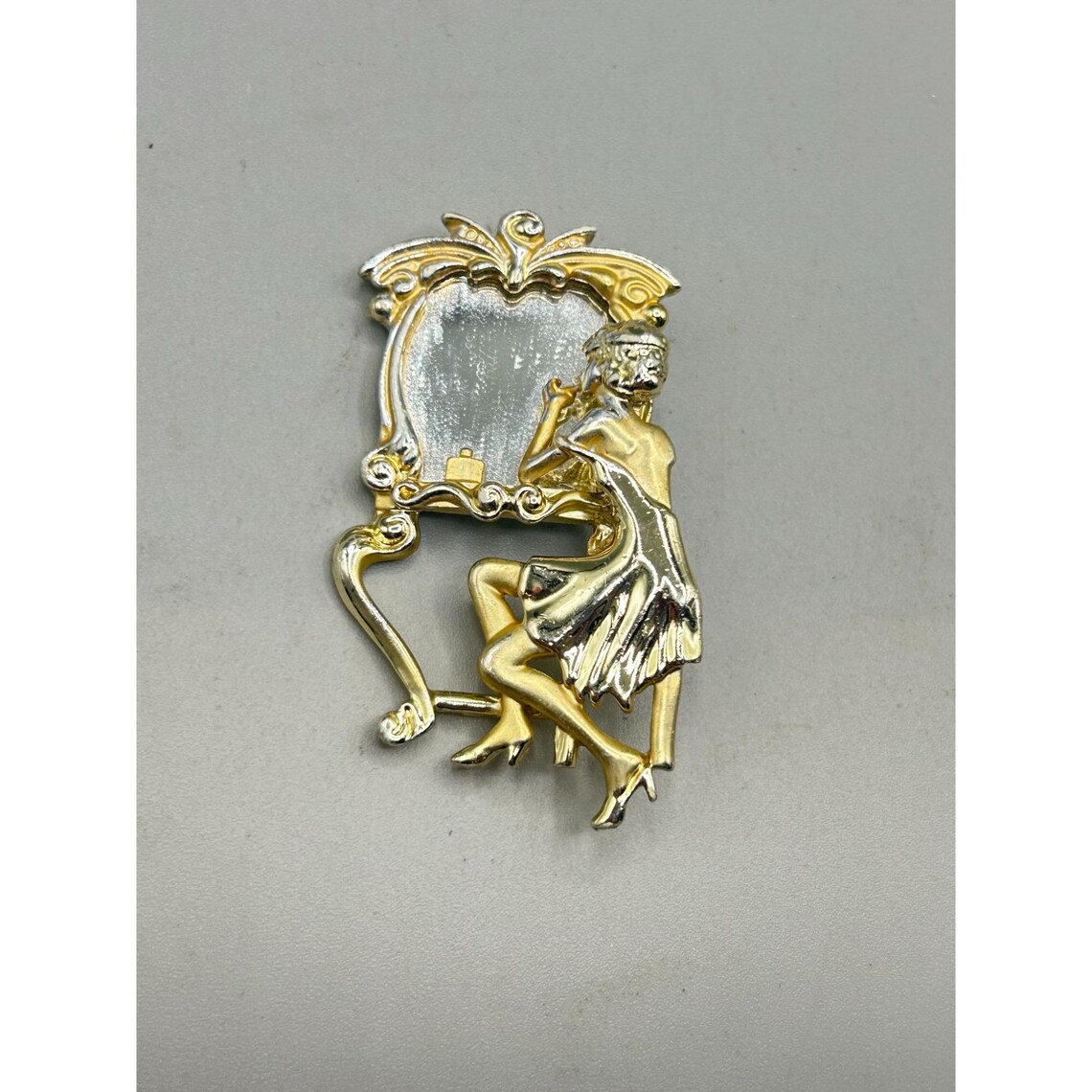 Vintage Lady W Vanity Mirror Pin Brooch AJC Matte Gold Tone Fun Costume ...