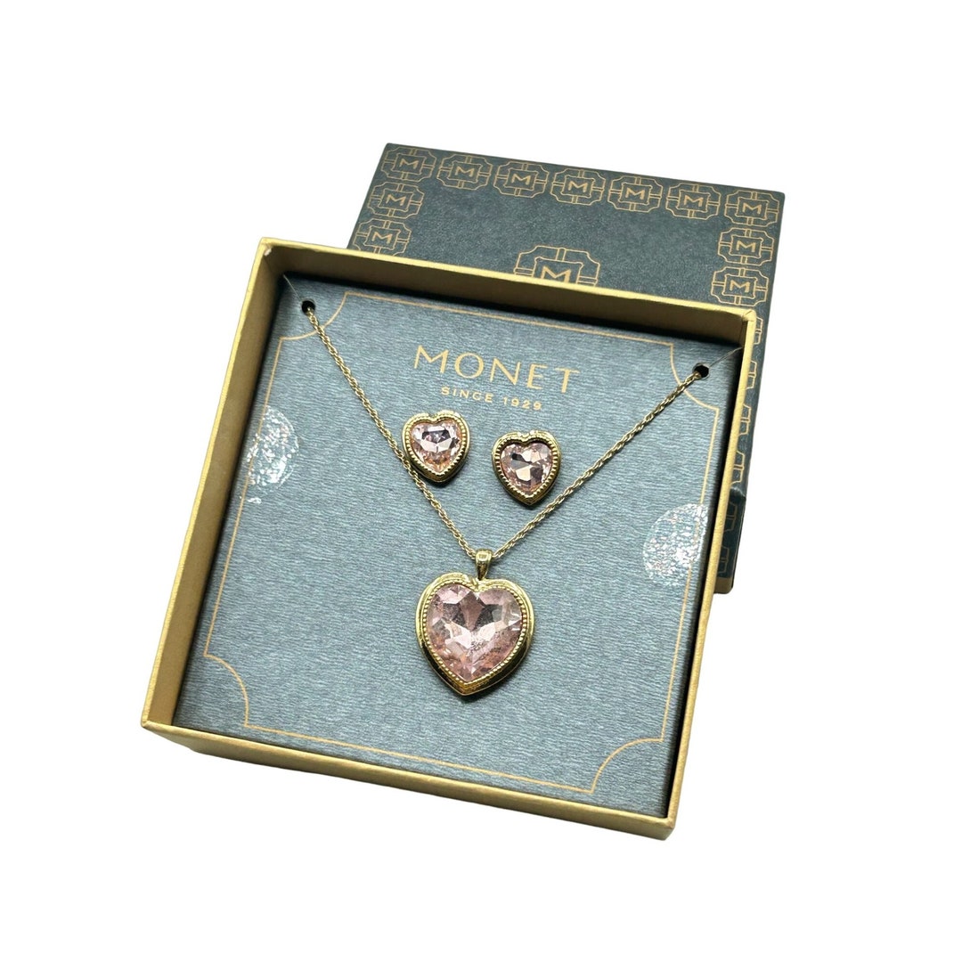 MONET Jewelry Set Pink Heart Necklace and Studs Earrings Set Gold Tone ...