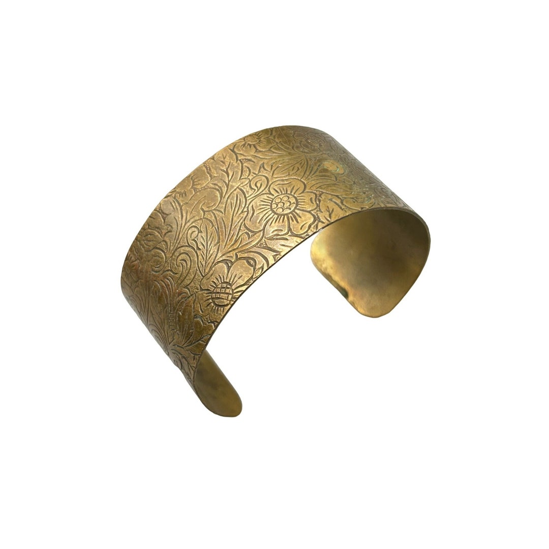Vintage Brass Cuff Bracelet Etched Floral Design Wide Ornate Statement ...