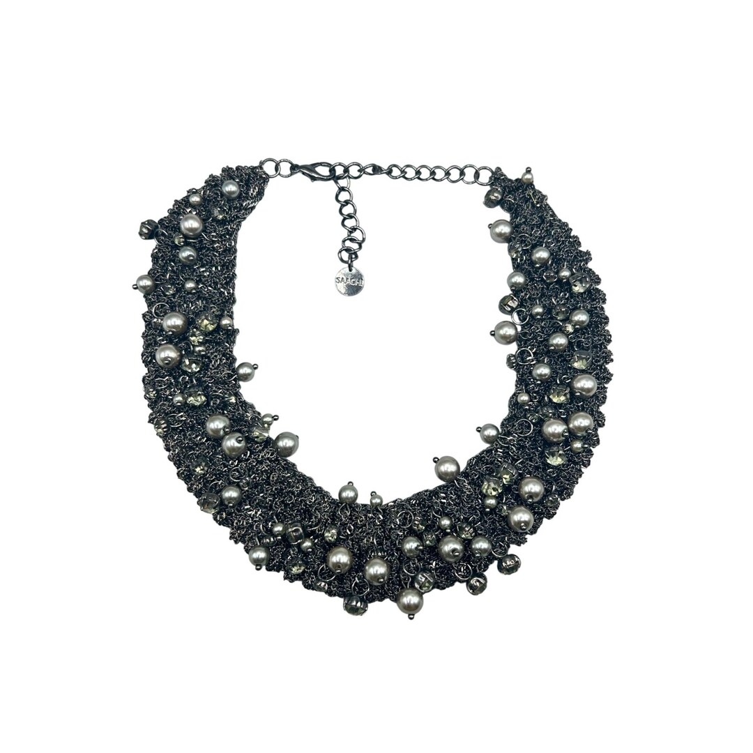 SAACHI Crochet Chain Necklace With Crystals and Faux Pearls Gunmetal ...
