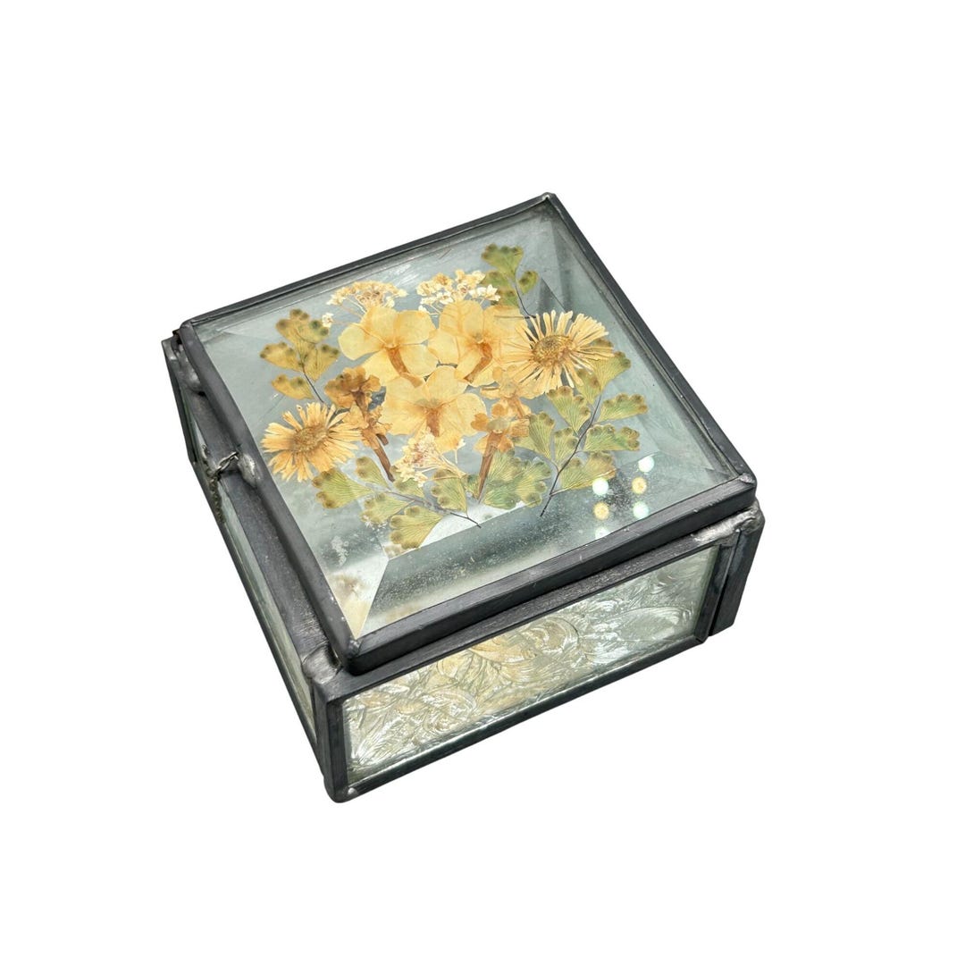 Square Glass Pressed Flower Trinket Box Jewelry Box Leaded Small Box ...