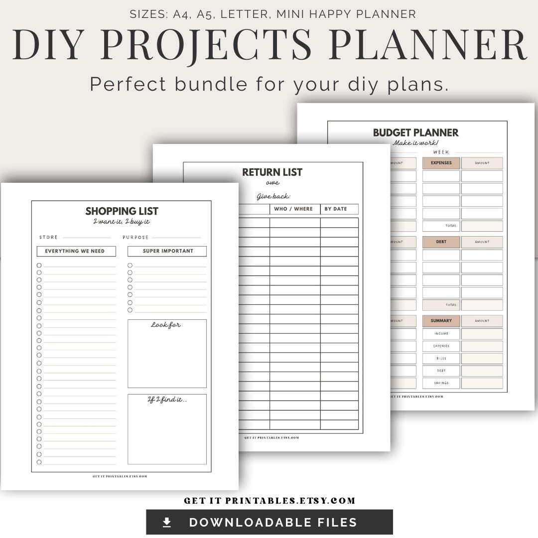 DIY Projects Planner | Printable To-do Lists, Shopping Lists, Daily ...