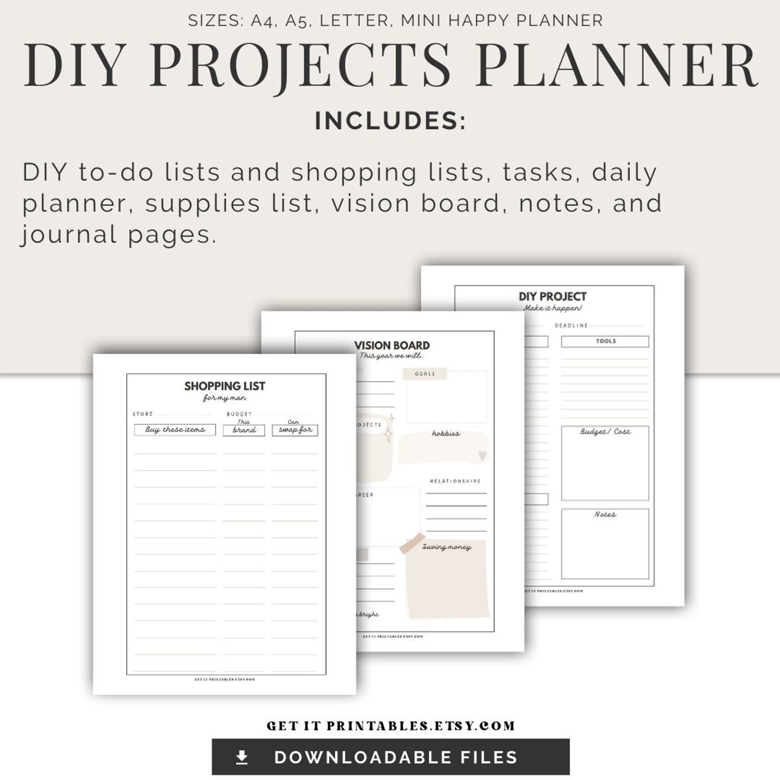 DIY Projects Planner | Printable To-do Lists, Shopping Lists, Daily ...