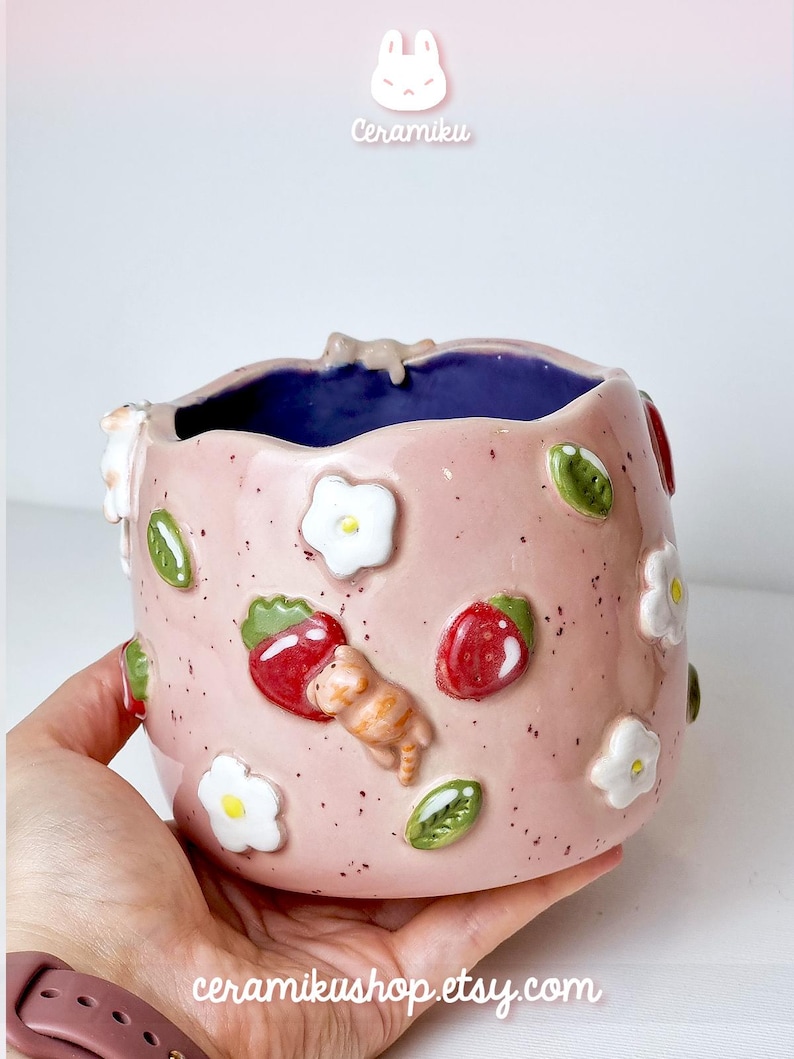 Handmade Ceramic Strawberry Planter: Pastel Pink Custom Cat Flower Pot ...