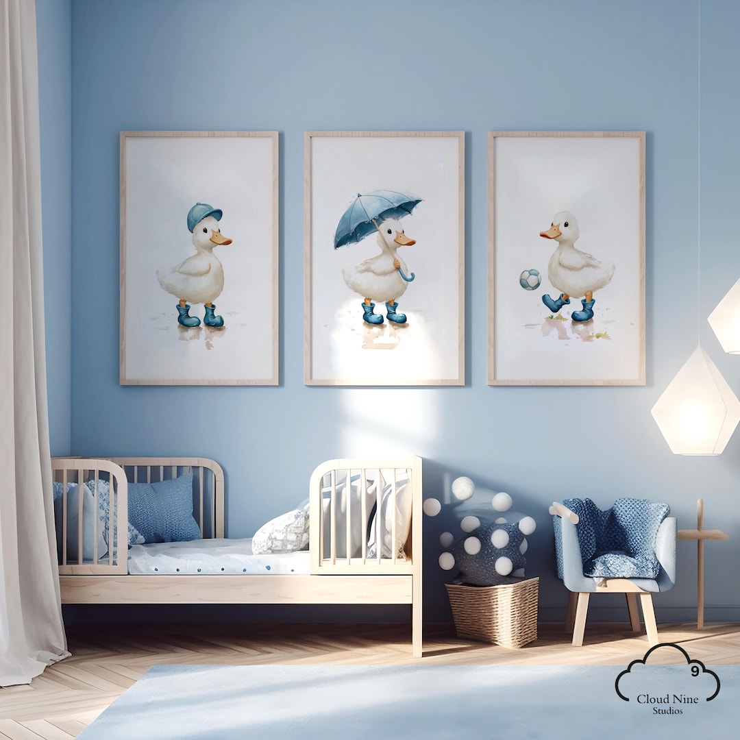 Set of 3 Duck Nursery Wall Art | Watercolor Blue Nursery Decor | Baby ...