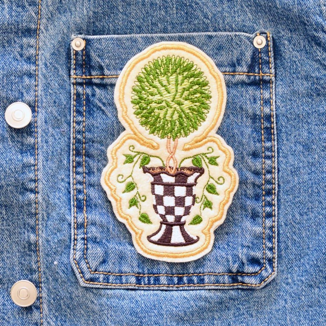 Black White Checkered Urn Topiary Patch Iron on or Sew on Denim Jacket ...