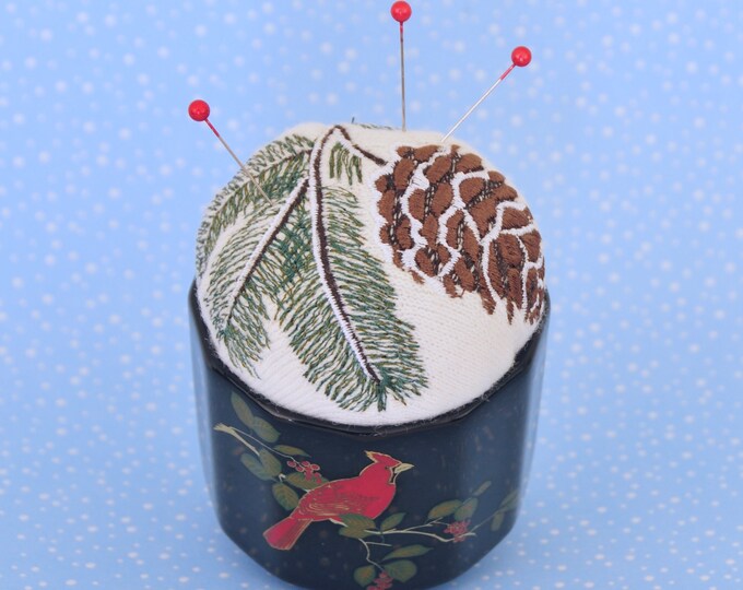 Embroidered Pine Cone Pin Cushion: Vintage Cardinal Ceramic Pot - Etsy