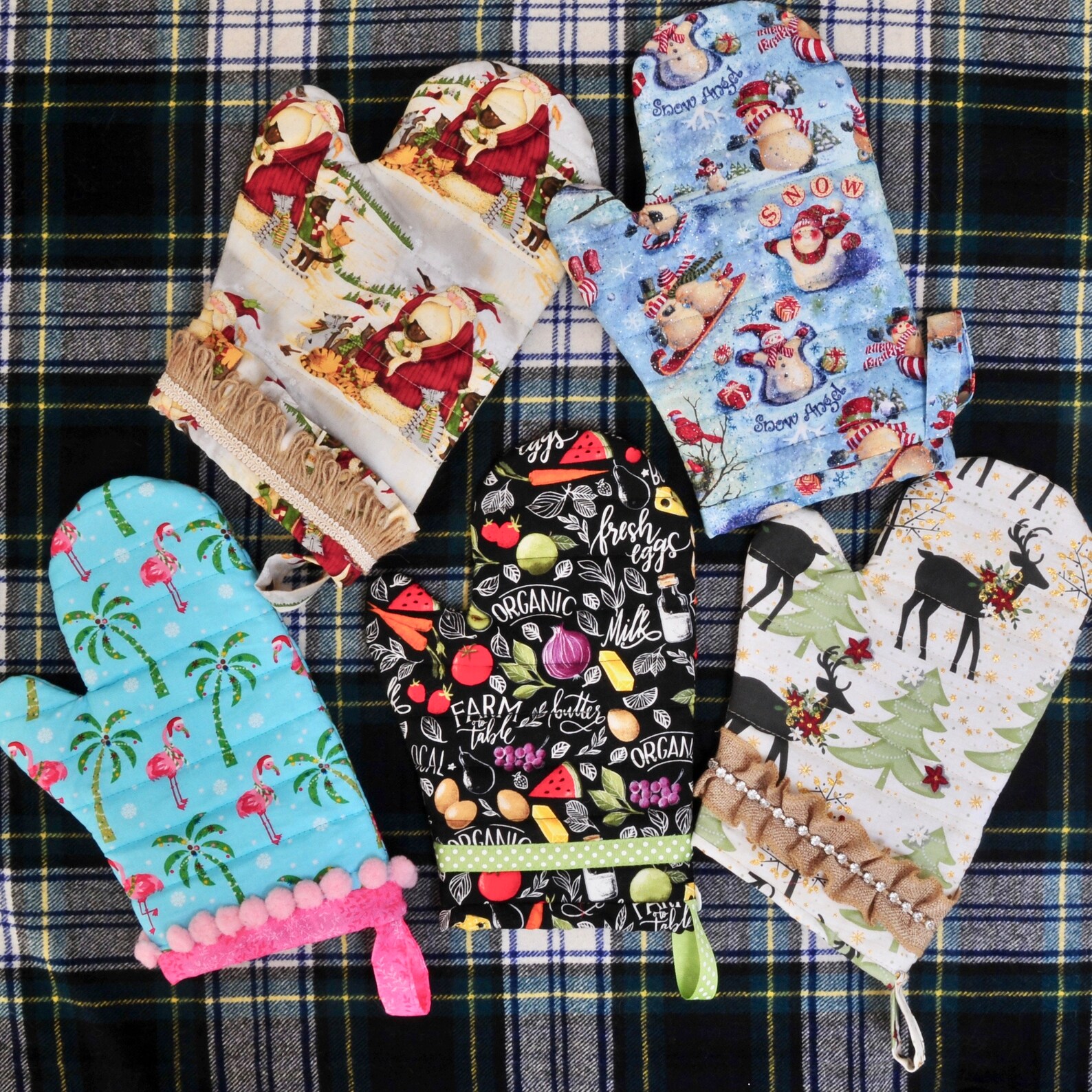 Oven Mitt Mittens Flamingo Santa w/Cats Snowmen Organic Food | Etsy