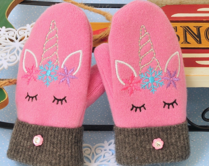 Cashmere Sweater Mittens for Children Embroidered Unicorn - Etsy