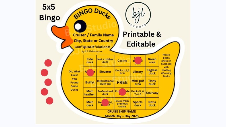 Editable & Printable Cruising Duck Bingo Board Duck Game for Cruise ...