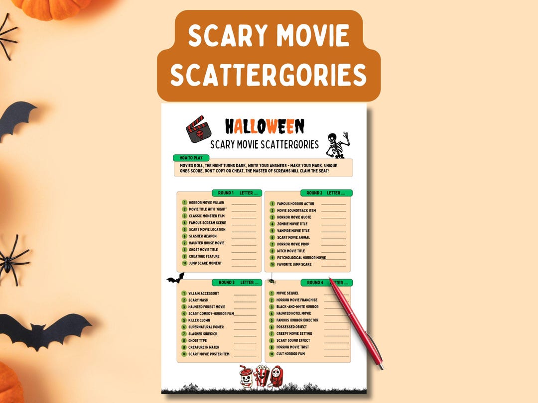Scary Movie Scattergories Printable Game | Halloween Party Activity for ...