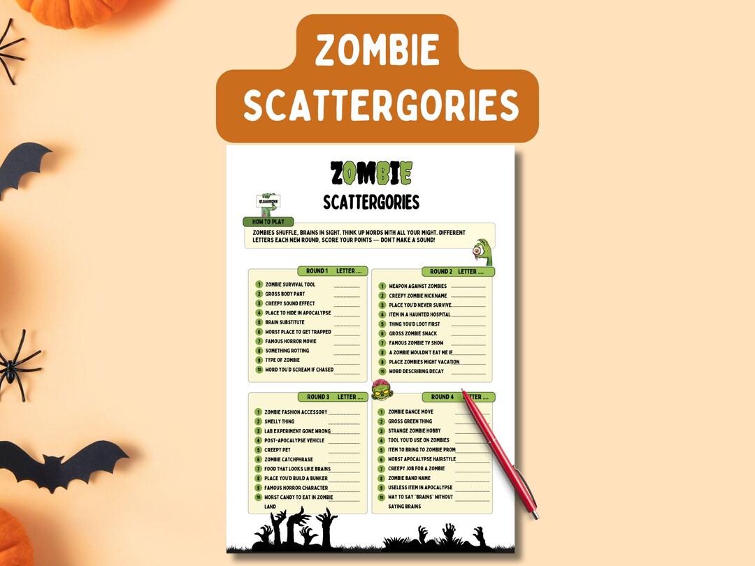 Zombie Scattergories Printable Game | Halloween Party Activity for ...
