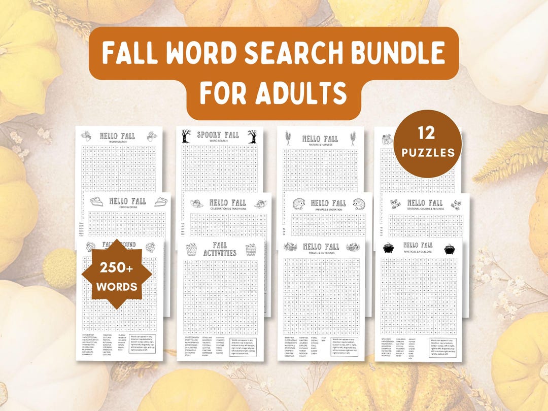 Cozy Fall Printable Word Search Bundle for Teens & Adults | Hard Autumn ...
