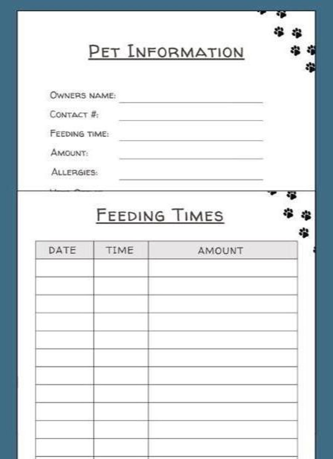 Pet Information Printable | Pet Sitter Forms | Dog and Cat Care ...