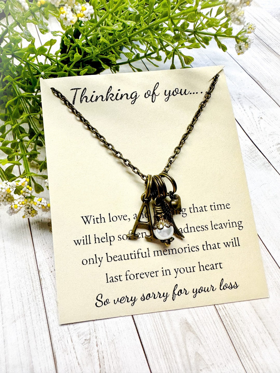 Memorial Brass Necklace, Initial, Birthstone, Angel Wing, Sympathy Gift ...