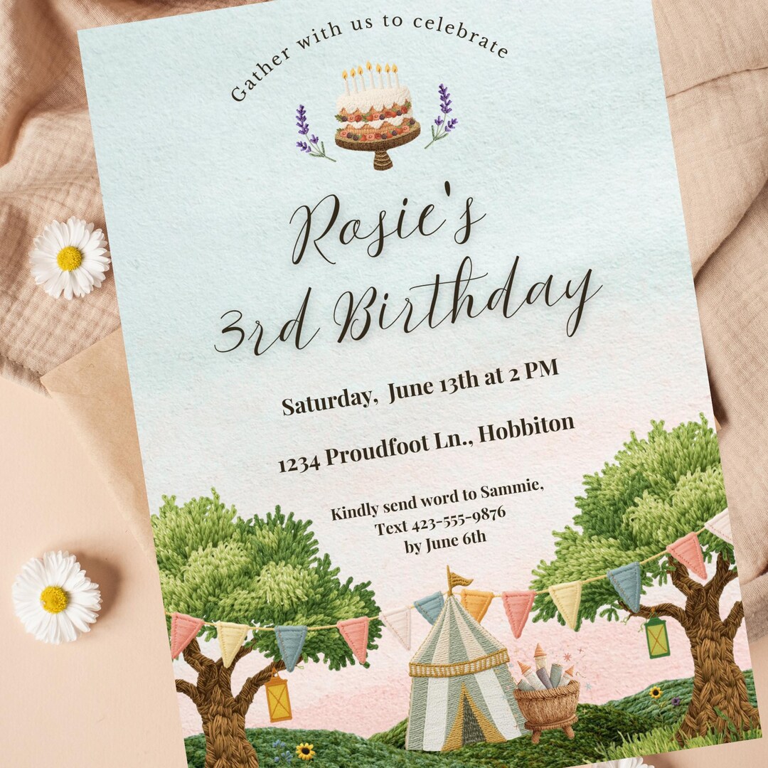 Hobbit Girl Birthday Invitation | Editable Embroidery Style Template ...