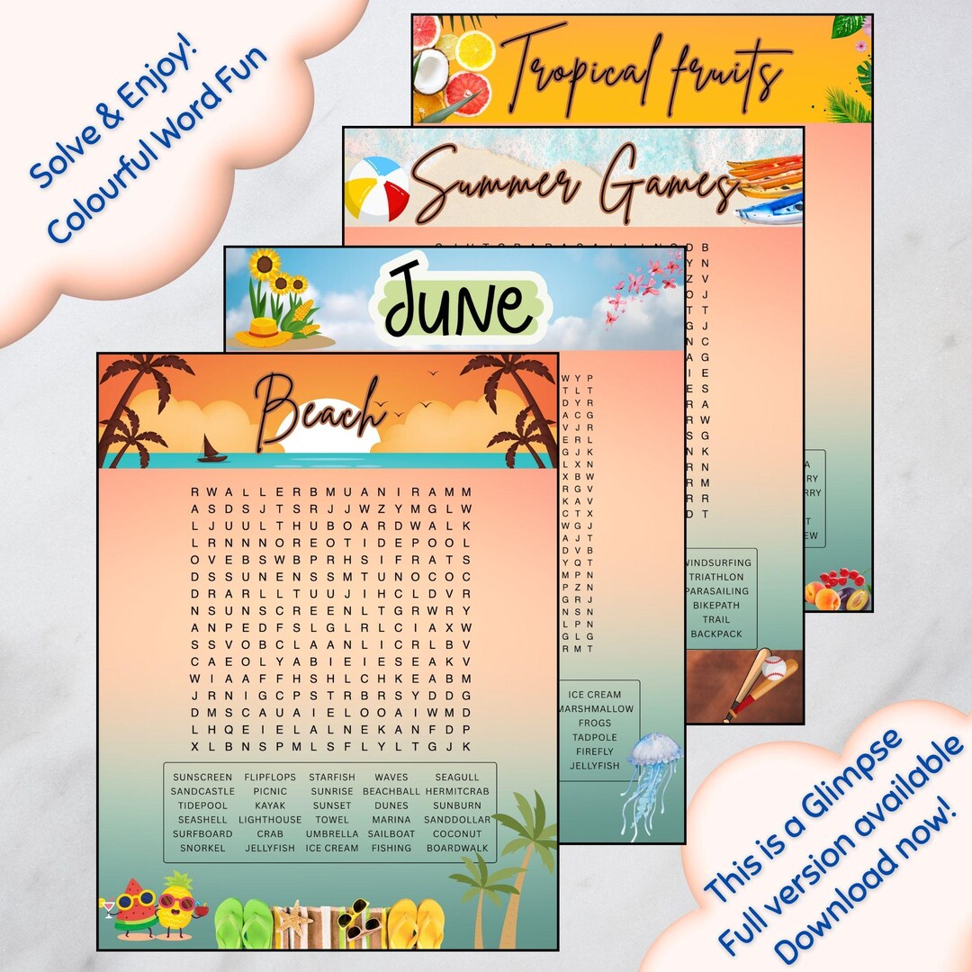 Summer, June Weekend Word Search Bundle With Beach & Tropical Themes, 5 ...