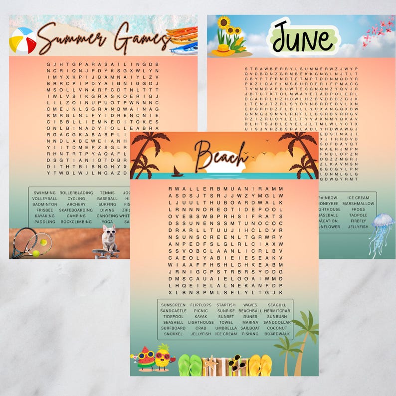 Summer, June Word Search Bundle With Beach & Tropical Themes, 5-page ...