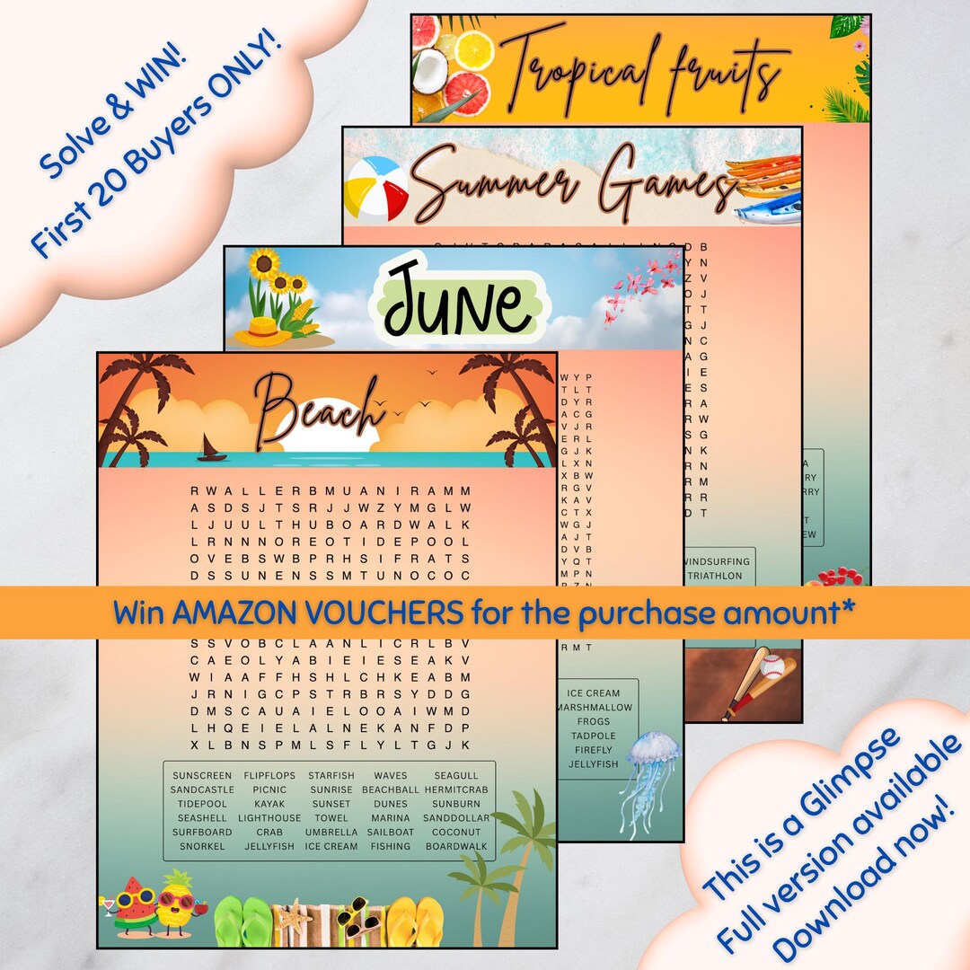 Summer, June Word Search Bundle With Beach & Tropical Themes, 5-page ...