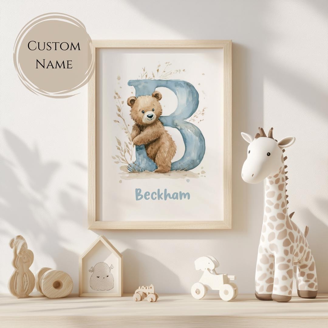 Bear Nursery Print | B Personalized Baby Name | Custom Nursery Art ...