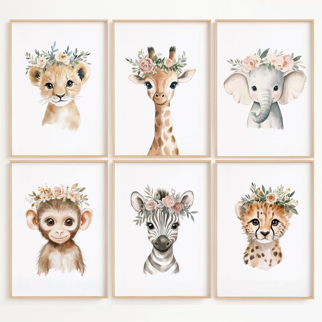 Safari Animal Wall Art – Set of 6 Baby Jungle Prints With Floral Crowns ...