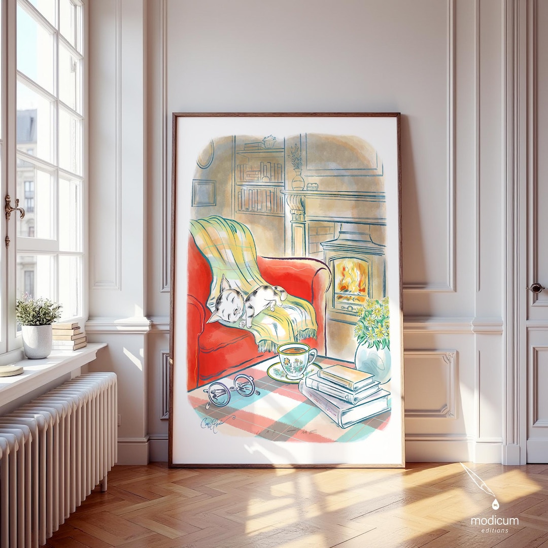 Nap Time Cat Giclée Print – Cozy Storybook Art – Sleeping Kitten ...