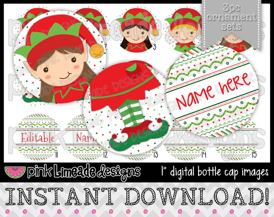 Editable Elf Ornaments - INSTANT DOWNLOAD 1" Bottle Cap Images 4x6 ...