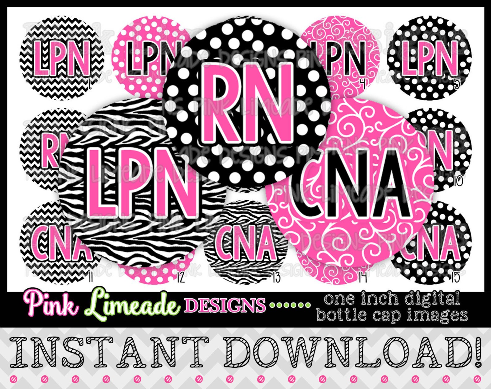 Nursing Titles - Pink & Black - INSTANT DOWNLOAD 1" Bottle Cap Images ...