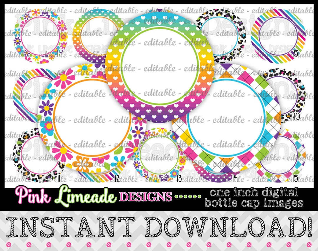 EDITABLE Girly Rainbow Colors - INSTANT DOWNLOAD 1" Bottle Cap Images ...