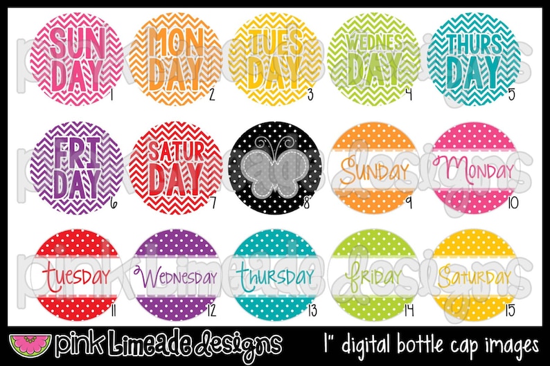 Days of the Week 2 - Chevron & Dots - INSTANT DOWNLOAD 1" Bottle Cap ...