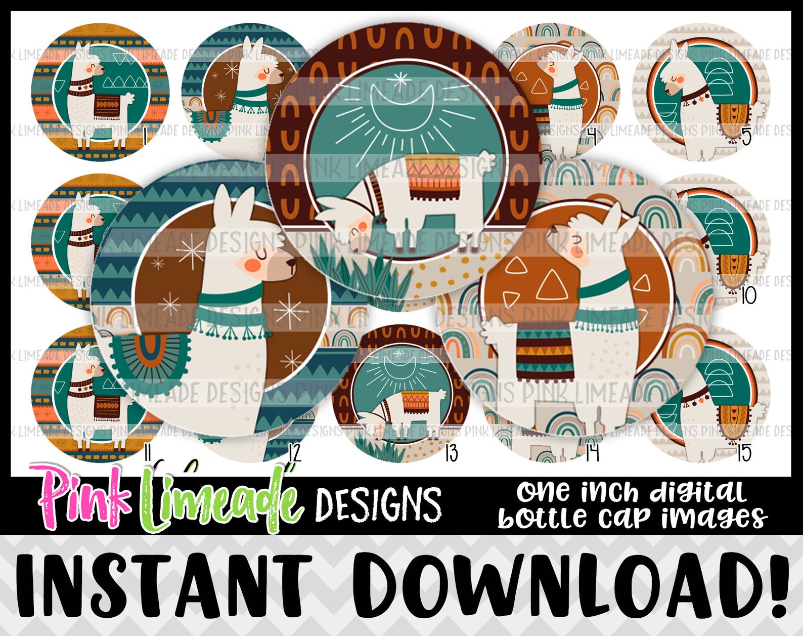 Desert Boho Llamas - INSTANT DOWNLOAD 1" Bottle Cap Images 4x6 - 1270 ...