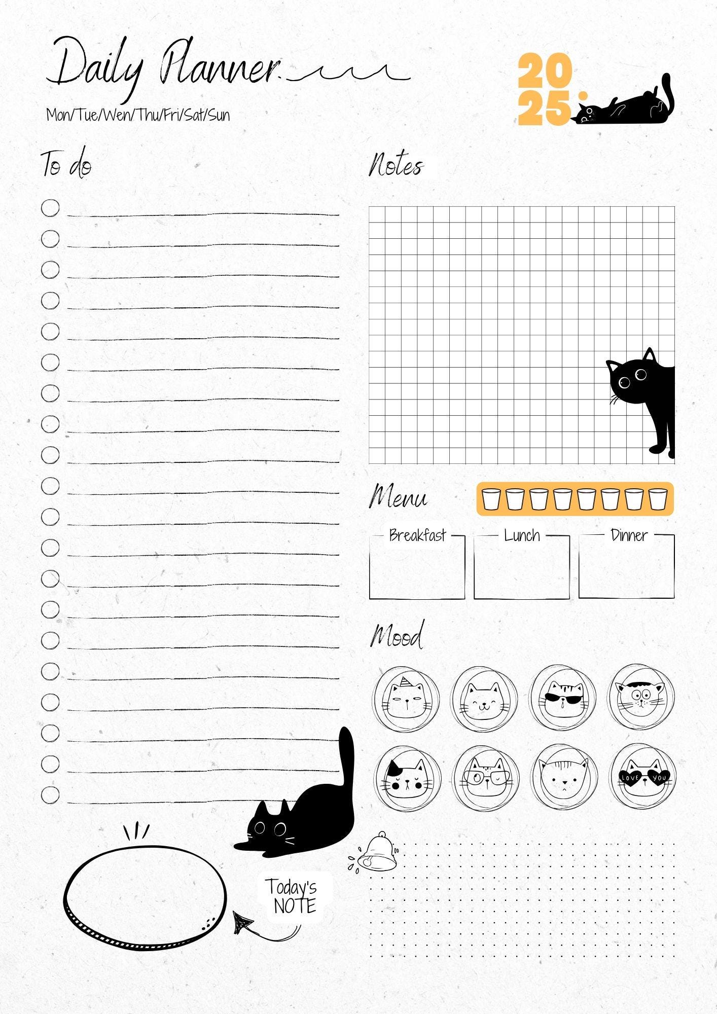 Cute Cat Daily Planner Printable | Minimalist To-do List & Meal Tracker ...