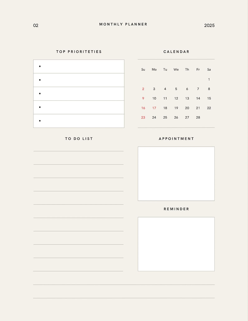 Minimalist Monthly Planner Printable | Undated Monthly Calendar ...