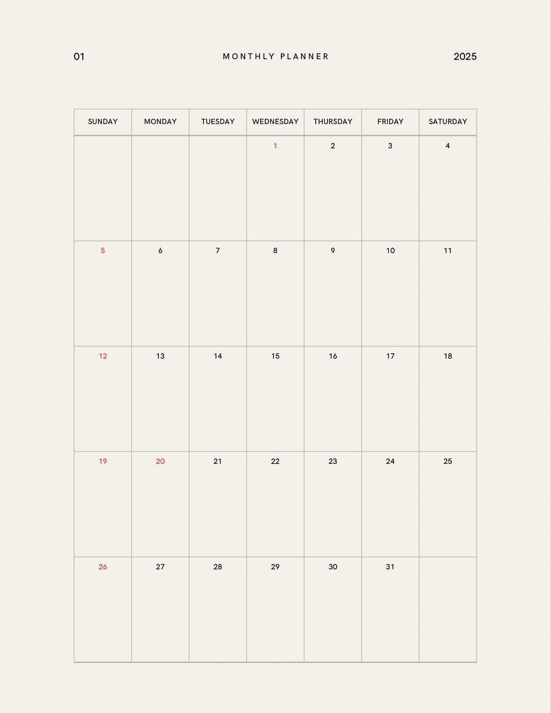 Minimalist Monthly Planner Printable | Undated Monthly Calendar ...