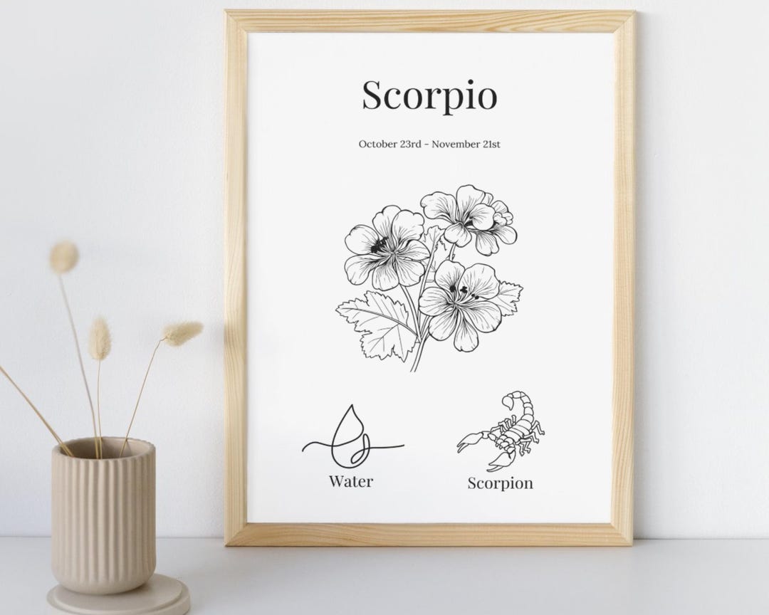 Scorpio, Birth Month Flower Print, Zodiac Symbol, Zodiac Element ...