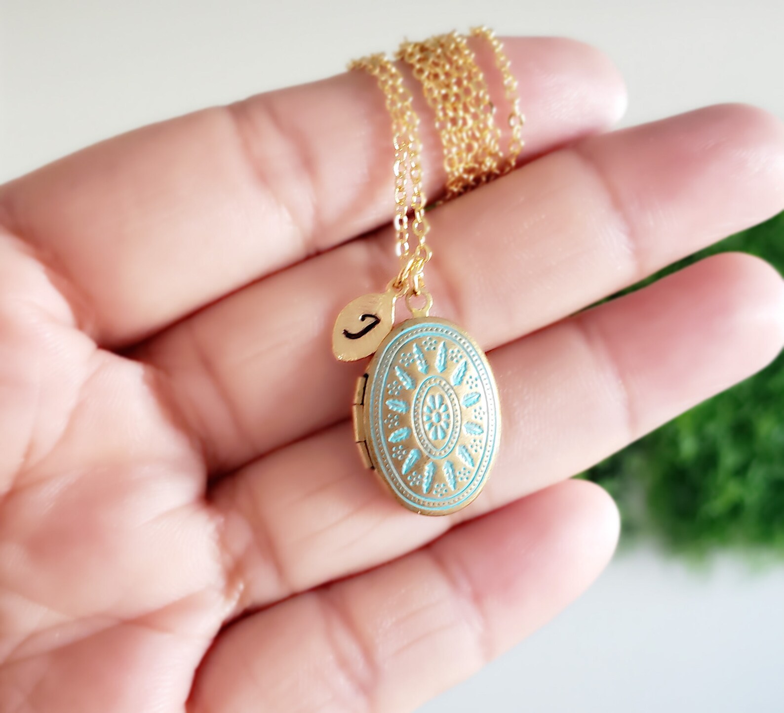 Locket Necklace With Custom Initial. Hand Patina Oval Locket Necklace ...
