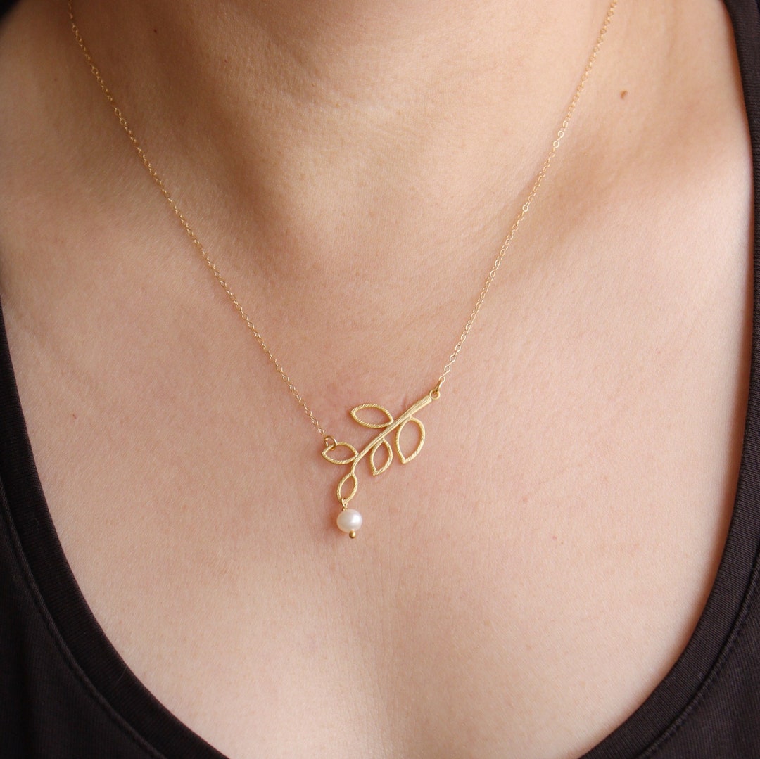 Gold Branch Necklace, Leaf Branch With Freshwater Pearl, Personalized ...