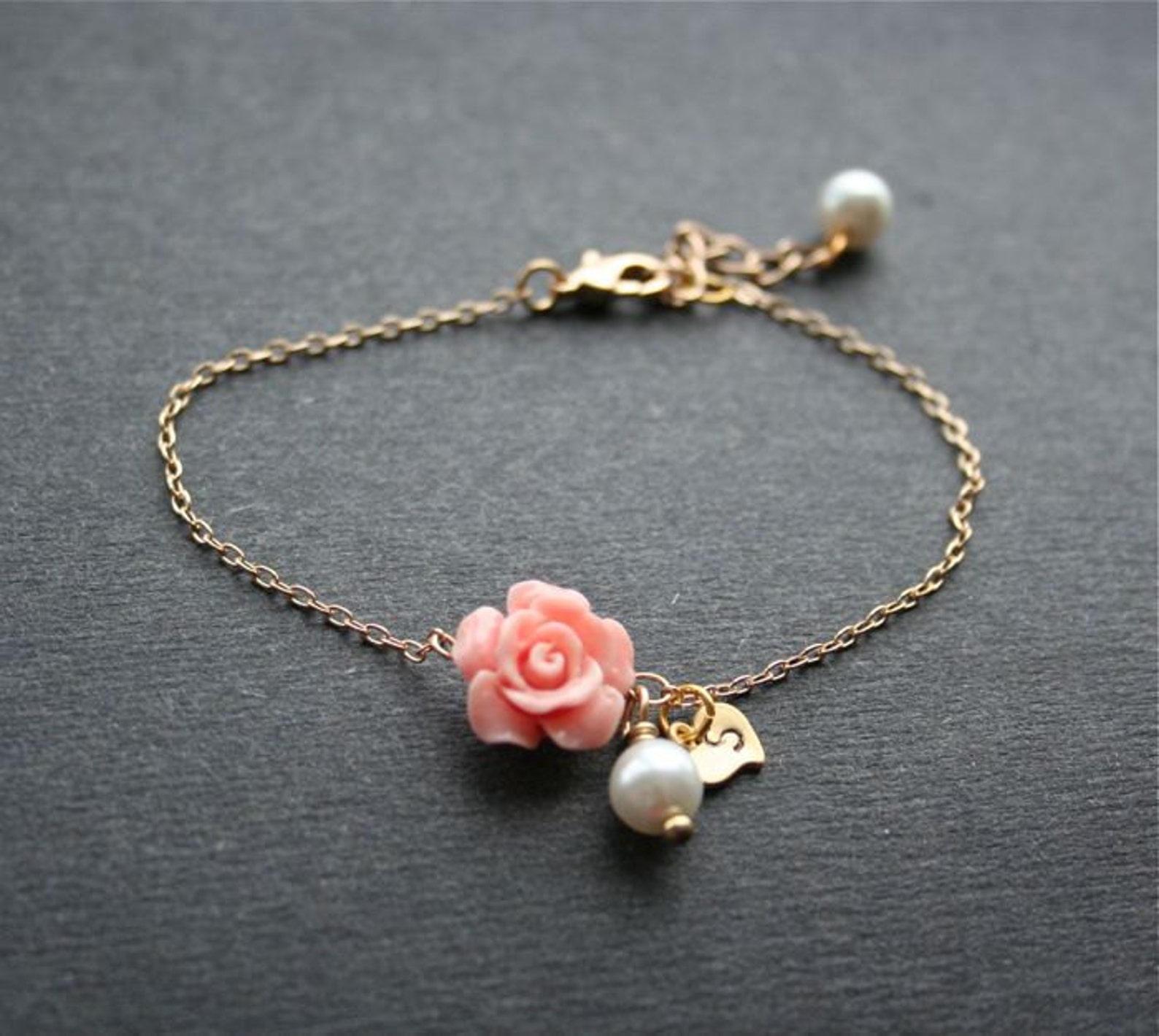 Personalized Coral Rose Bracelet Rose With Custom Initial - Etsy