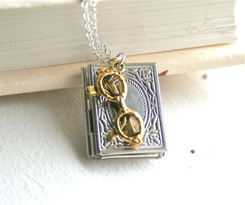 Silver Book Locket With Glasses Necklace Locket Necklace | Etsy