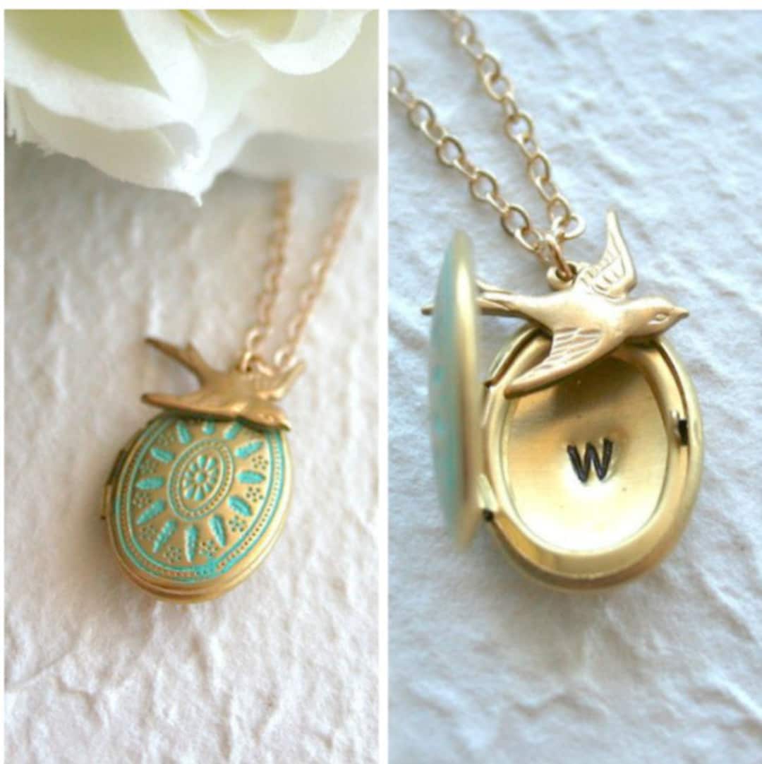 Personalized Initial Locket Necklace, Patina Aqua Locket Necklace ...