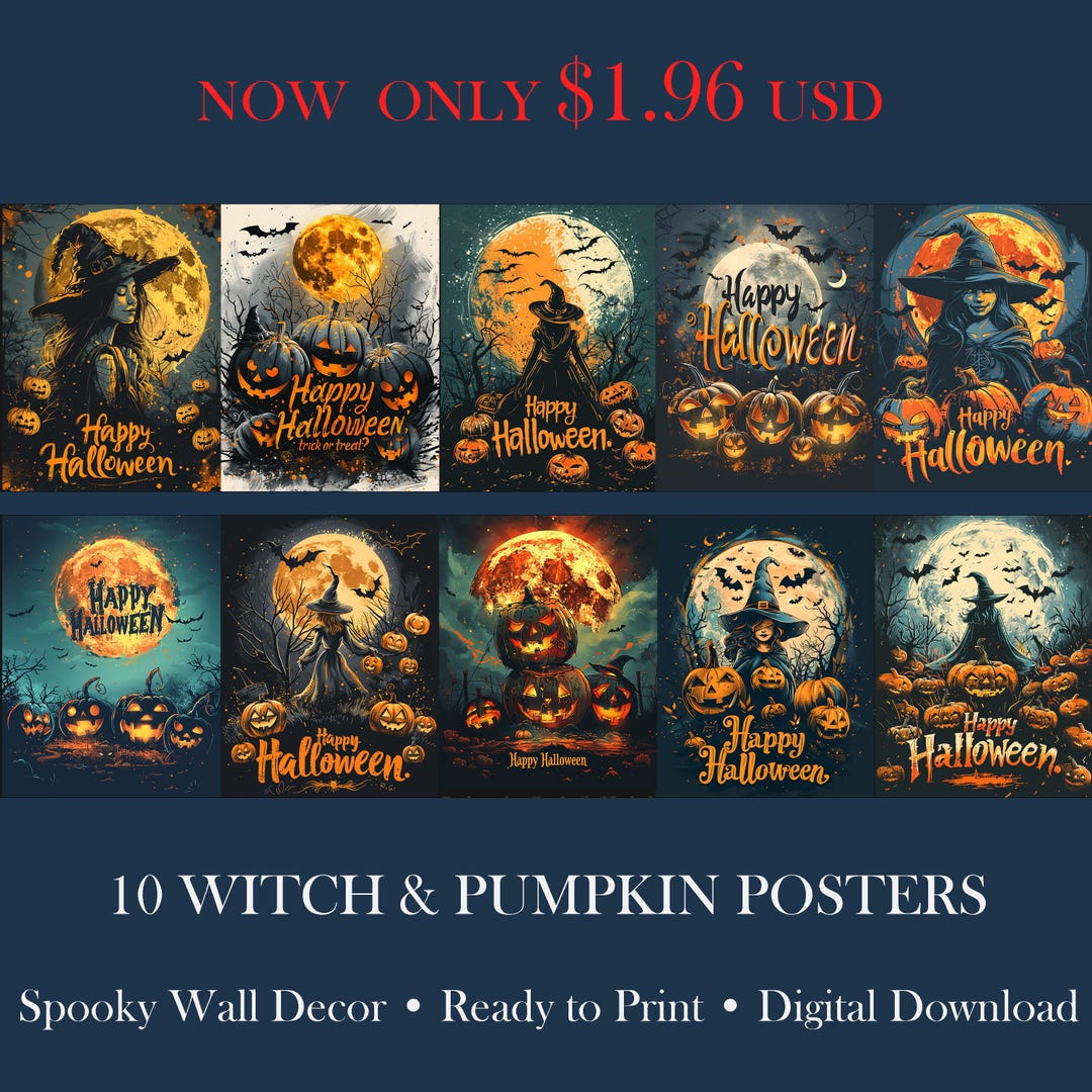 Vintage Halloween Poster Set | Witch & Pumpkin Wall Art | Spooky Room ...