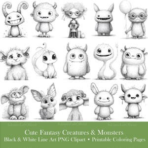 Fantasy Creatures Clipart: Black and White Monster Line Art (PNG ...