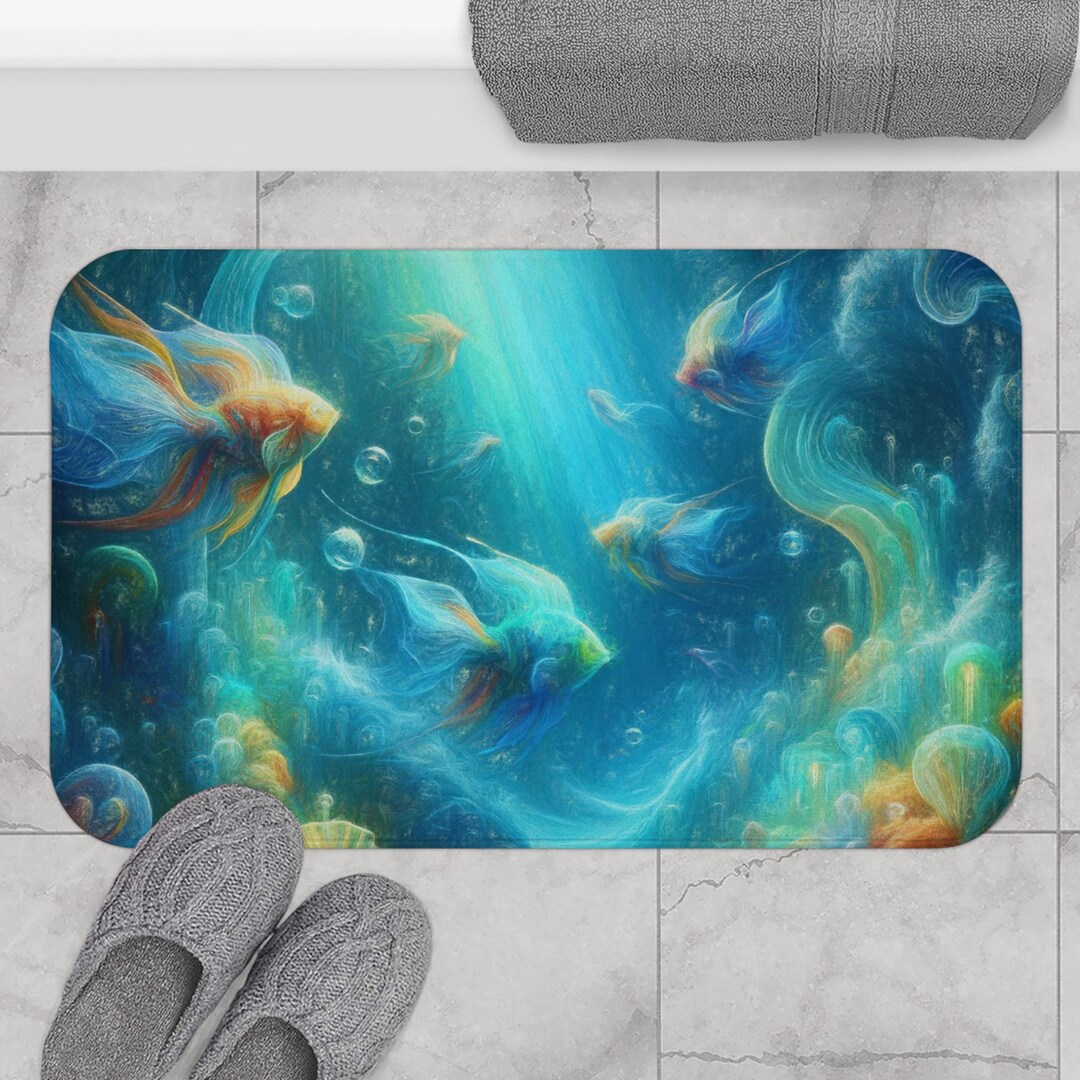 Fantasy Fish Bath Mat, Turquoise Blue Sea Life Ocean Waves Designer Rug ...