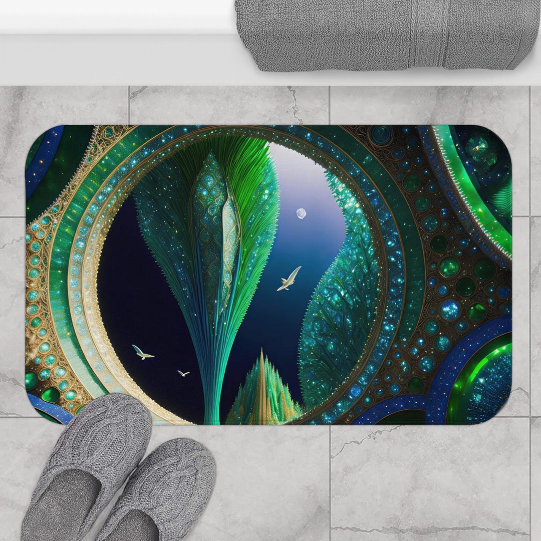 Green Earth Designer Bath Mat, Botanical Plant Based Bathroom Decor ...