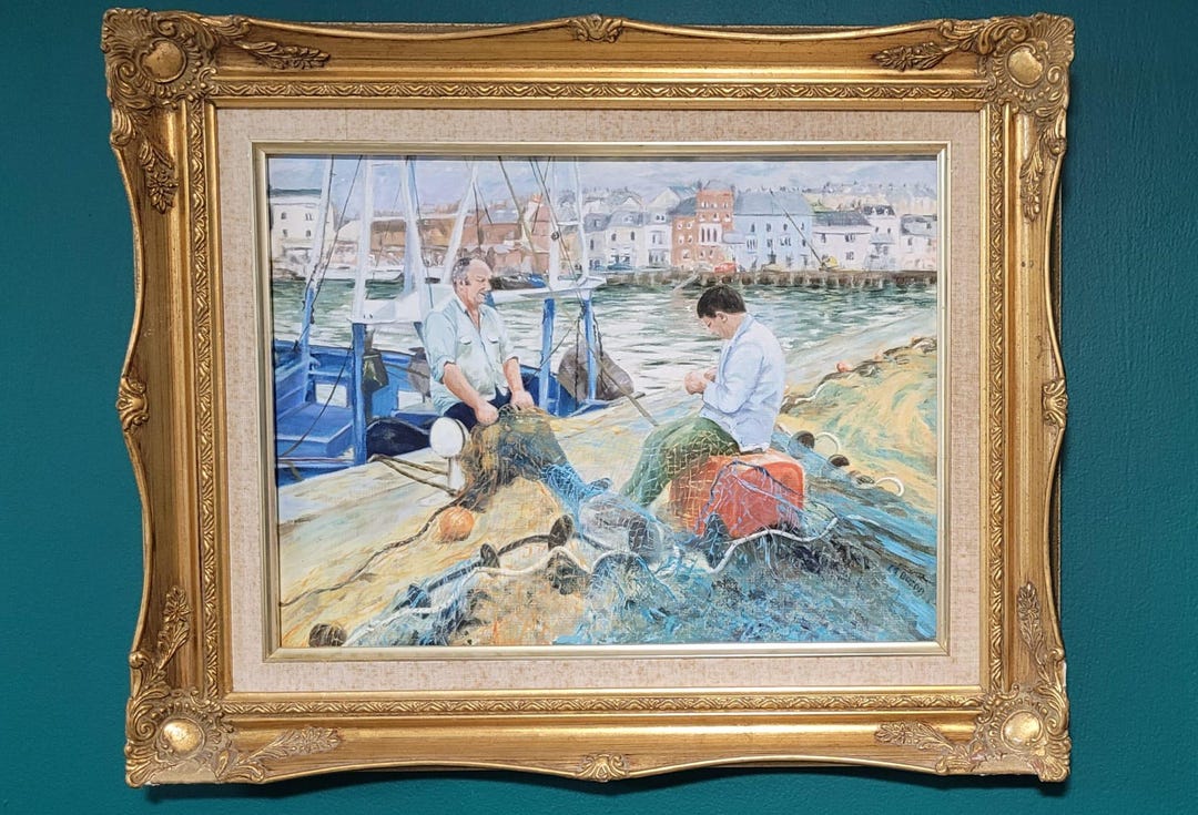 Oil Paintings, Harbour Scene With Fishermen Repairing Nets - Etsy