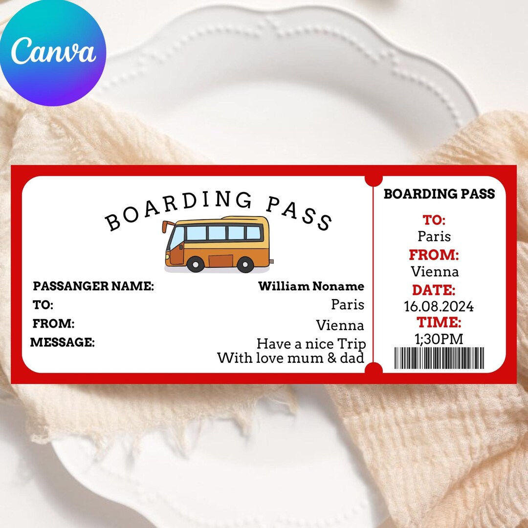 Bus Trip Ticket Template, Boarding Pass, Trip Surprise, Printable ...