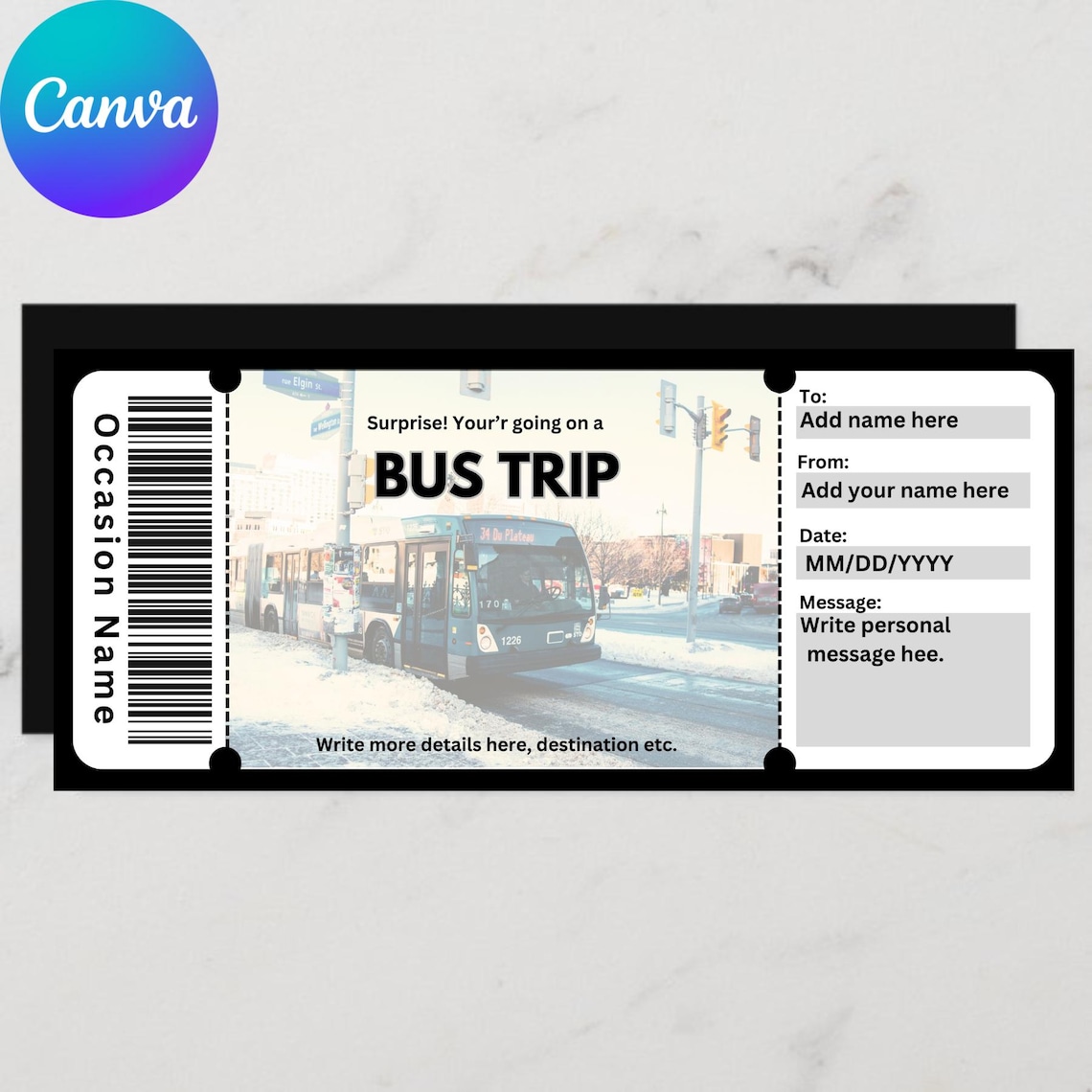 Printable Bus Trip Ticket Template: Surprise Travel Voucher (canva) - Etsy