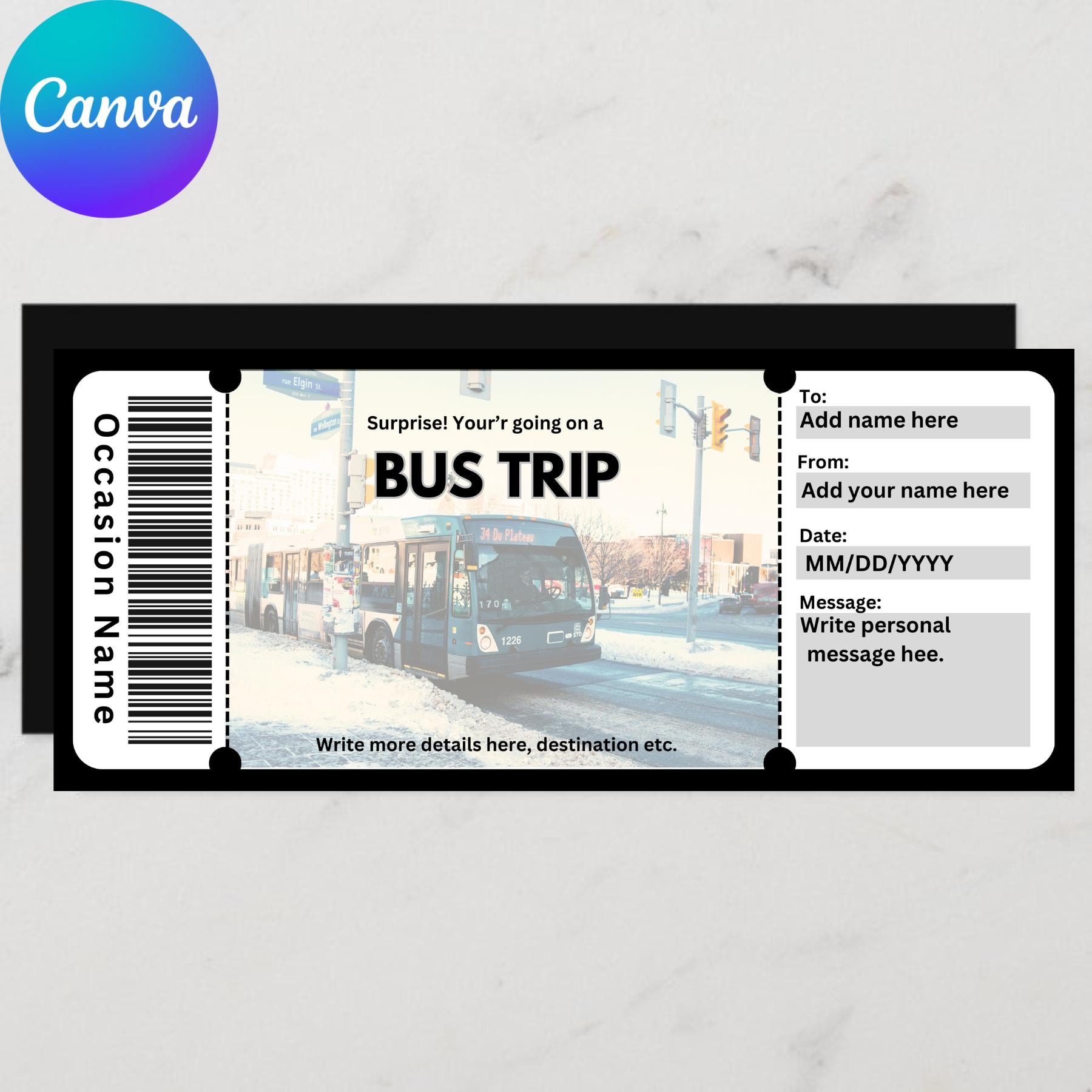 Printable Bus Trip Ticket Template: Surprise Travel Voucher (canva) - Etsy
